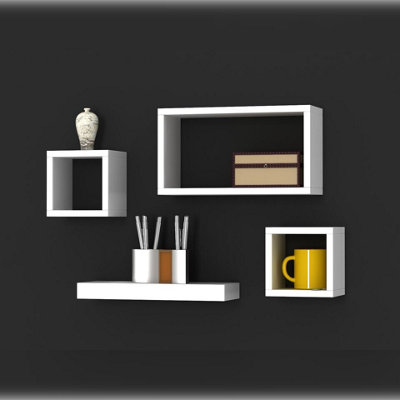 URBNLIVING Height 16cm Set of 4 Wooden White Cube Shelves Wall Storage ...