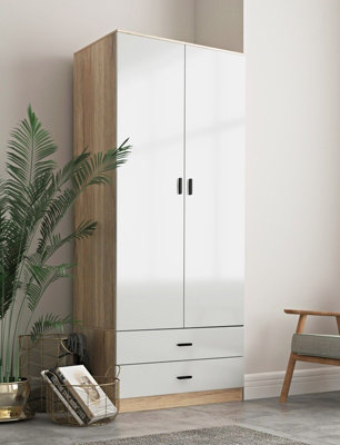 URBNLIVING Height 180cm Glossy Oak Carcass Grey Drawers Tall 2 Door Wardrobe Bedroom Storage Hanging Rail Modern Furniture