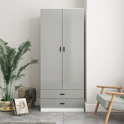 URBNLIVING Height 180cm Glossy White Carcass & Grey Drawers Tall 2 Door ...