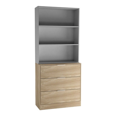 URBNLIVING Height 180cm Oak Drawers & Grey Bookcase 80cm Width 3 Tier ...
