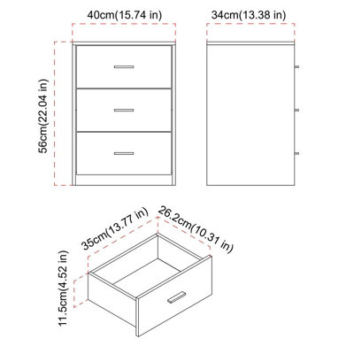 URBNLIVING Height 56cm 3 Drawer Wooden Bedroom Bedside Cabinet ...
