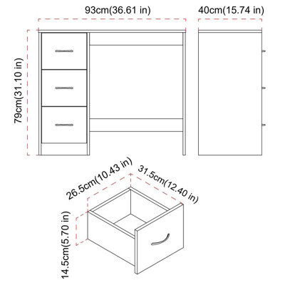 URBNLIVING Height 79.5cm 3 Drawer Wooden Bedroom Dressing Computer Work ...
