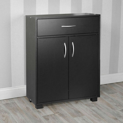 URBNLIVING Height 80cm Small 2 Door 1 Drawer Hallway Living Room Black Colour Sideboard Wooden Storage Cabinet Unit