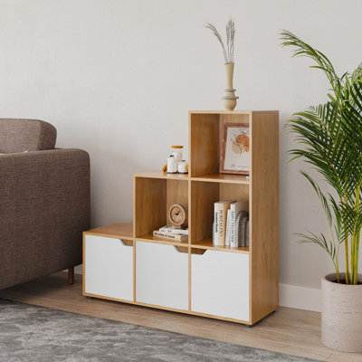 URBNLIVING Height 90.5cm 6 Cube Step Storage Beech Bookcase and White ...