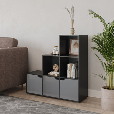 URBNLIVING Height 90.5cm 6 Cube Step Storage Black Bookcase and Grey ...