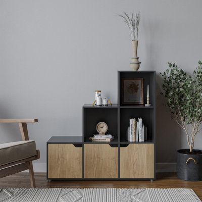 URBNLIVING Height 90.5cm 6 Cube Step Storage Black Bookcase and Oak ...
