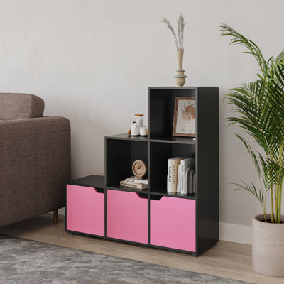 URBNLIVING Height 90.5cm 6 Cube Step Storage Black Bookcase and Pink ...