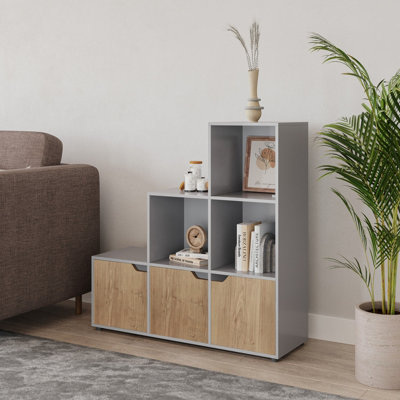 URBNLIVING Height 90.5cm 6 Cube Step Storage Grey Bookcase and Oak ...