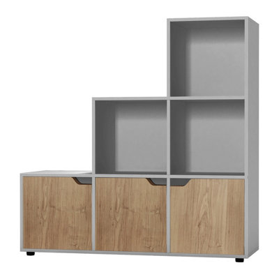 URBNLIVING Height 90.5cm 6 Cube Step Storage Grey Bookcase and Oak ...