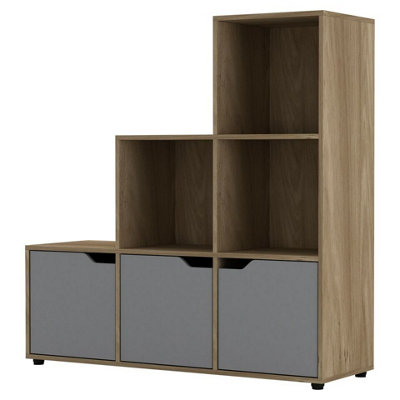 URBNLIVING Height 90.5cm 6 Cube Step Storage Oak Bookcase and Grey ...