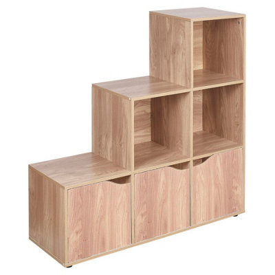 URBNLIVING Height 90.5cm 6 Cube Step Storage Oak Bookcase with Doors ...