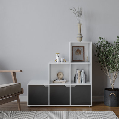 URBNLIVING Height 90.5cm 6 Cube Step Storage White Bookcase and Black ...