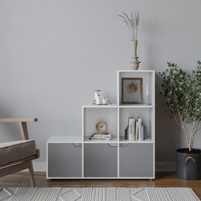 URBNLIVING Height 90.5cm 6 Cube Step Storage White Bookcase and Grey ...