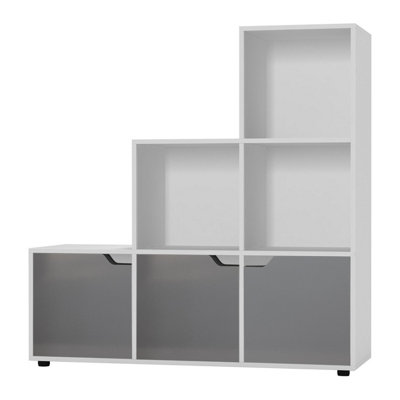 URBNLIVING Height 90.5cm 6 Cube Step Storage White Bookcase and Grey ...