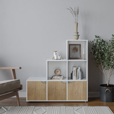 Buy URBNLIVING Height 90.5cm 6 Cube Step Storage White Bookcase and Oak ...