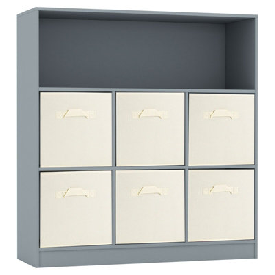 URBNLIVING Height 94cm Wooden Wide Grey 7 Cube Bookcase with White 6 ...