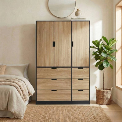 URBNLIVING Wooden 3 Door 6 Drawer Wardrobe Bedroom Storage Closet ...