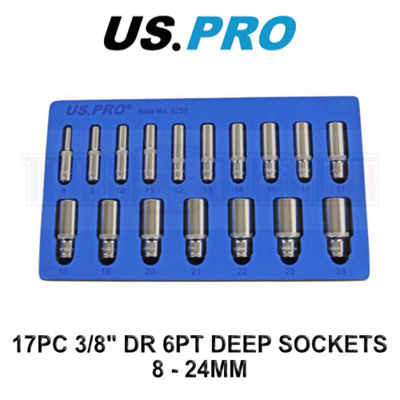 US PRO 17pc 3/8 Dr Metric Deep Socket Set 6 point 8 - 24mm 3258 | DIY ...