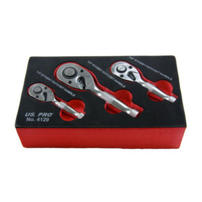 US PRO 3pc STUBBY RATCHET HANDLE SET 1/4 - 3/8 & 1/2"dr B4129