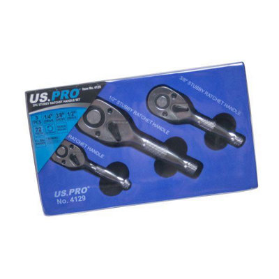 US PRO 3pc STUBBY RATCHET HANDLE SET 1/4 - 3/8 & 1/2"dr B4129
