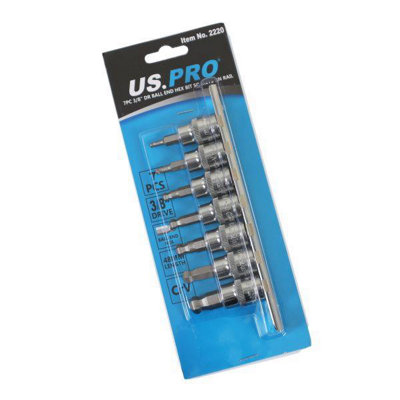 US PRO 7PC 3/8" DR Ball End Hex / Allen Bit Sockets On Rail L: 48mm 2220