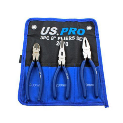 US PRO 8" 200mm 3pc Plier Set, Side Cutter, Long Nose, Combination ...