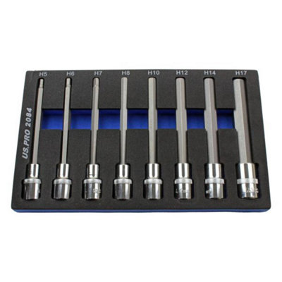 US PRO 8pc 1/2Dr 140mm Long Hex Bits Sockets Key Set Allen 5 - 17mm 2084