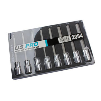 US PRO 8pc 1/2Dr 140mm Long Hex Bits Sockets Key Set Allen 5 - 17mm 2084