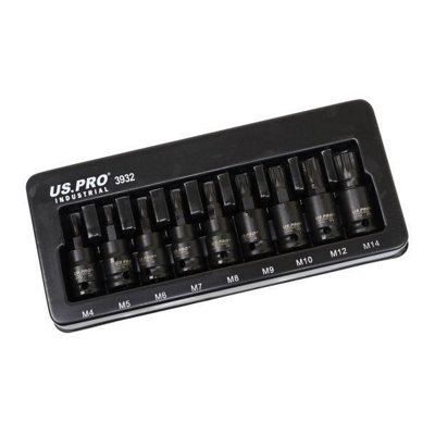 US PRO INDUSTRIAL 9PC 3/8" DR Impact Spline Bit Sockets Set 4 - 14mm 3932