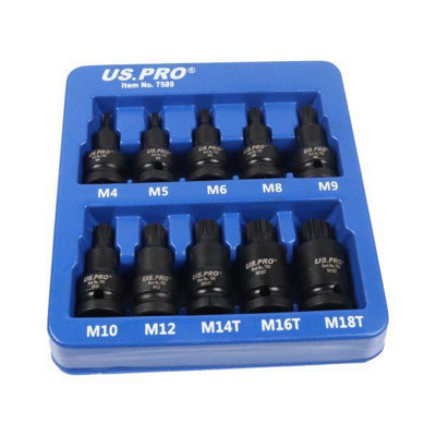 US PRO Tools 10pc 1/2" Drive Impact Spline Bit Socket Set M4-M18 Tamper ...