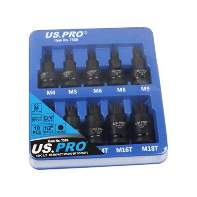 US PRO Tools 10pc 1/2" Drive Impact Spline Bit Socket Set M4-M18 Tamper ...