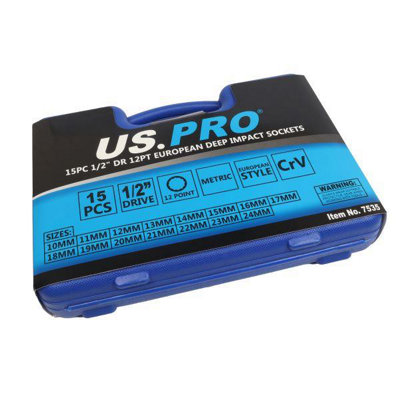 US PRO Tools 15pc 1/2" DR 12 PT European Deep Impact Socket Set 10mm ...
