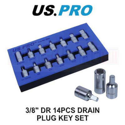 US PRO Tools 3/8" dr 14pc Drain Sump Plug Key Set, Engine Gearbox Diff ...