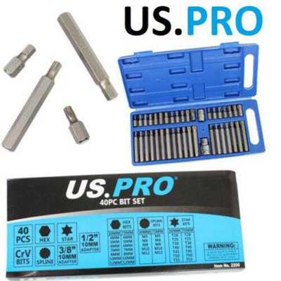 US PRO Tools 40pc Torx/Spline & Hex Bit 10mm 3/8" & 1/2" Drive Bit ...