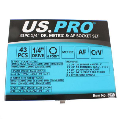 US PRO Tools 43pc 1/4" dr Metric & AF, Imperial Socket Set, Ratchet ...