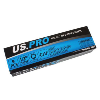 US PRO Tools 9pc E Torx Socket Set E10 to E24 1/2" drive female torque ...