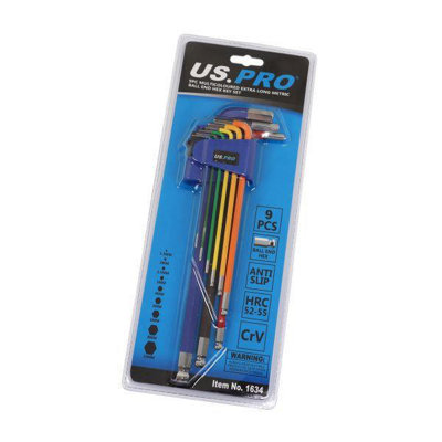 US PRO Tools 9PC Multicoloured Extra Long Metric Ball End Hex Key Set 1 ...