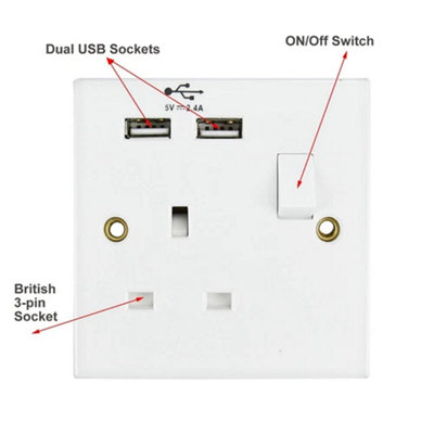 USB Wall Socket Charger 2.4A Elpine 1 Gang Plug Socket with 2 Ports White