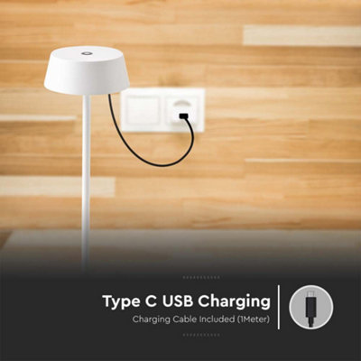 V-TAC Rechargeable Table Lamp White Round LED USB Dimmable Light