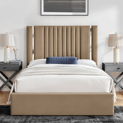 Valencia Beige Plush Valvet Upholstered Bed Frame - Slatted Base with ...