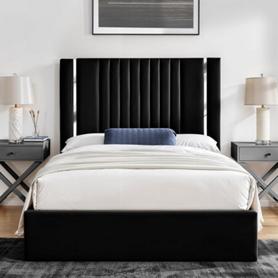 Valencia Black Plush Valvet Upholstered Gas Lift Ottoman Storage Bed ...