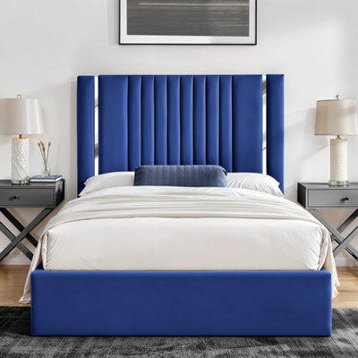 Valencia Blue Plush Valvet Upholstered Gas Lift Ottoman Storage Bed ...