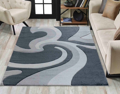 Valencia Modern Swirl Design Carved Area Rugs Black 200x290 cm | DIY at B&Q