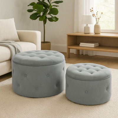 Valeria Set Of 2 Round Storage Ottoman/Footrest Stool ,Light Grey