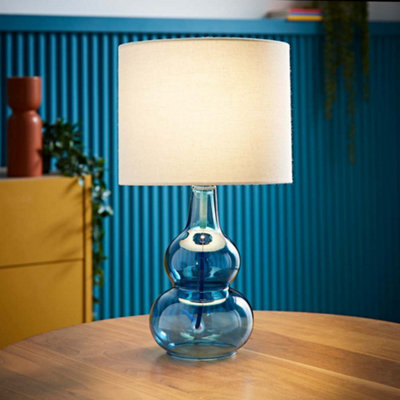 ValueLights Aida Natural Linen Tall Lamp Shade Blue Bubble Glass Table Lamp