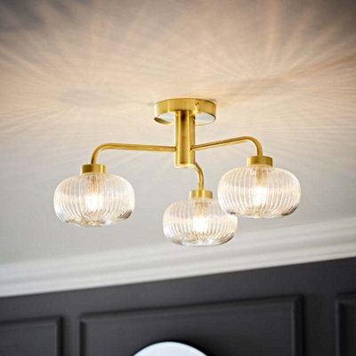 ValueLights Amaia Brushed Gold IP44 Rated 3 Way Clear Ribbed Glass ...