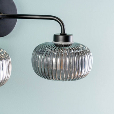 ValueLights Amaia Matte Black IP44 Rated 2 Way Smoked Ribbed Glass Wall ...