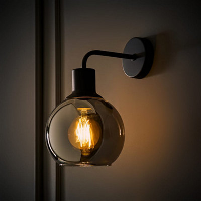 ValueLights Bellamy Matte Black Smoked Glass Wall Light with LED Bulb