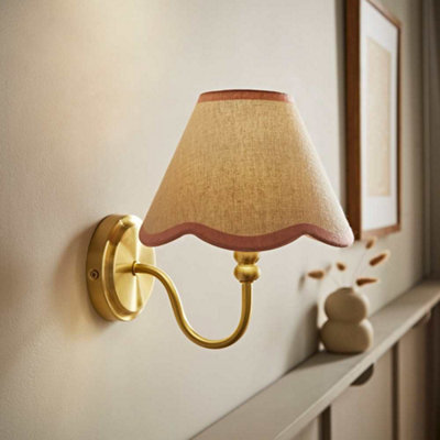ValueLights Binky Gold Rechargeable Wall Light with Pink Trim Scallop Shade