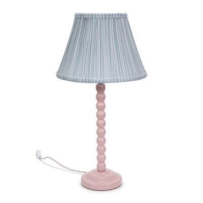 ValueLights Bobbles Rose Pink Bobbin Table Lamp with Blue Pleated Shade